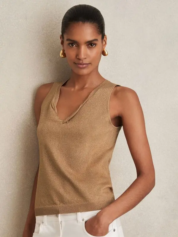 REISS Metallic-knit Twist-neckline Vest