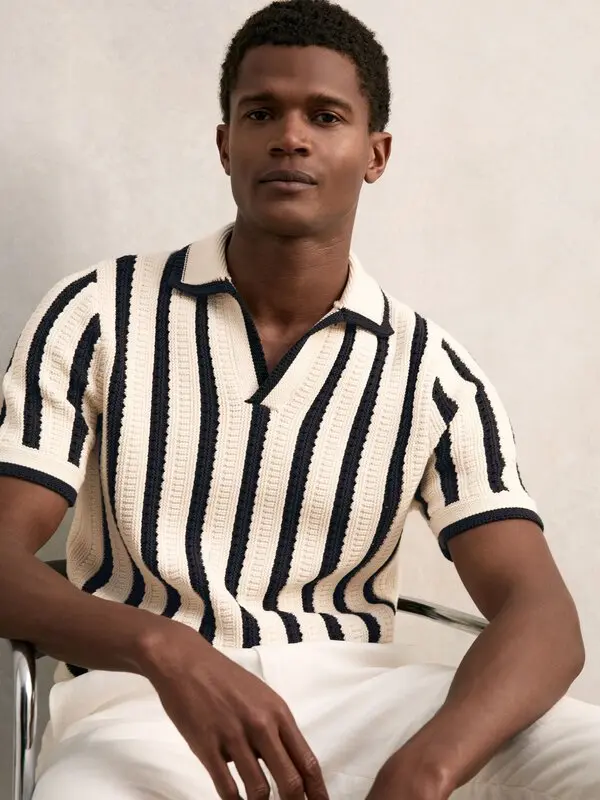 REISS Duncan Cotton Blend Stripe Knit Polo Shirt