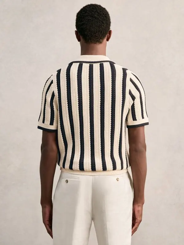 REISS Duncan Cotton Blend Stripe Knit Polo Shirt