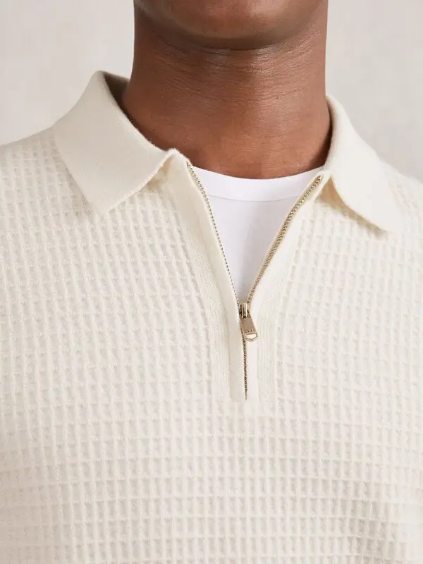 REISS Hamilton Wool Waffle-knit Half-zip Polo Shirt - Off White