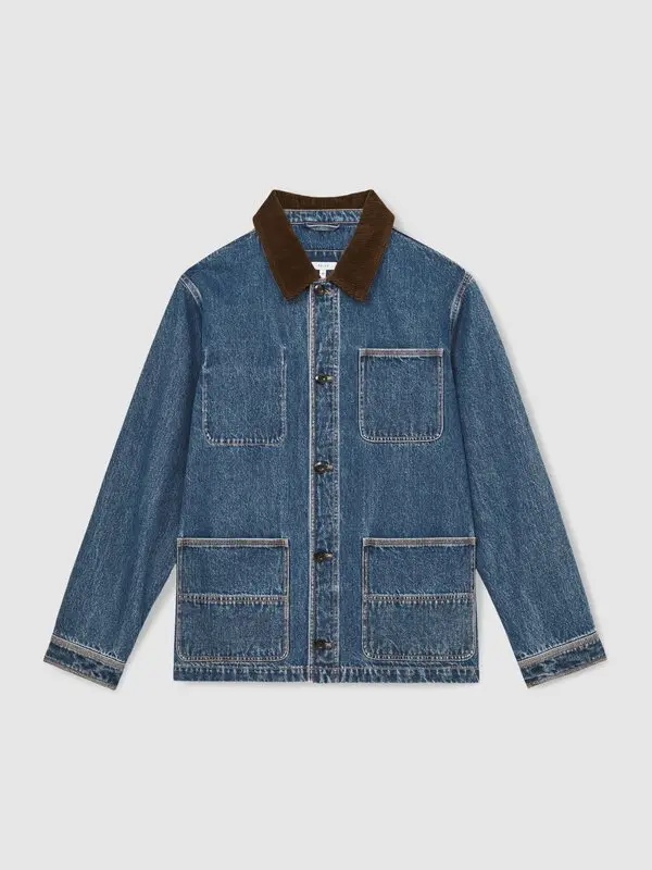 REISS Corduroy-collar Denim Worker Jacket
