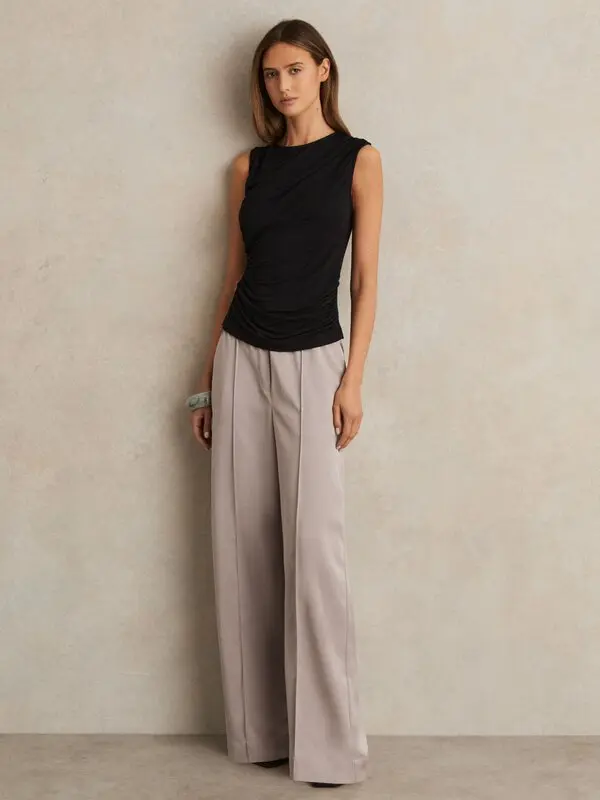 REISS Elsie Petite Satin Wide Leg Trousers - Grey