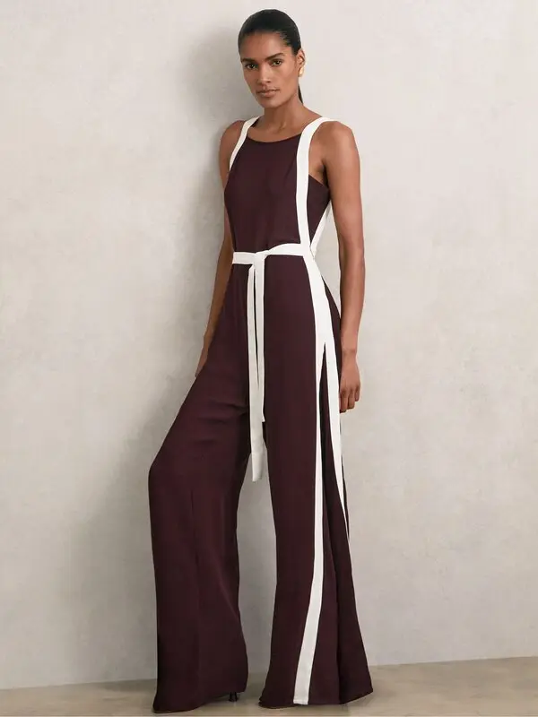 REISS Salma Petite Colourblock Wide Leg Belted Jumpsuit - Burgundy/cream