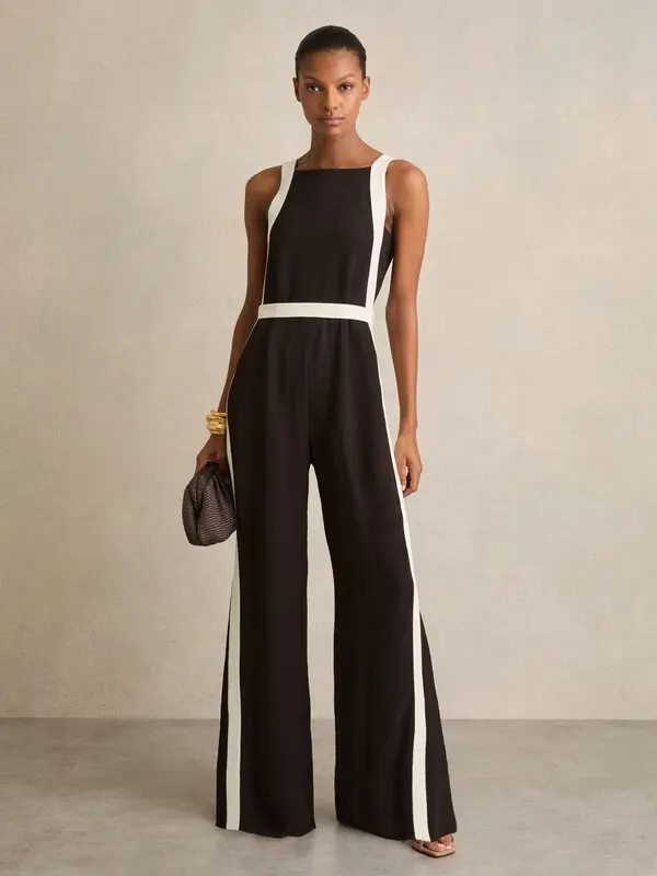 REISS Salma Colourblock Wide Leg Jumpsuit - Chocolate/cream