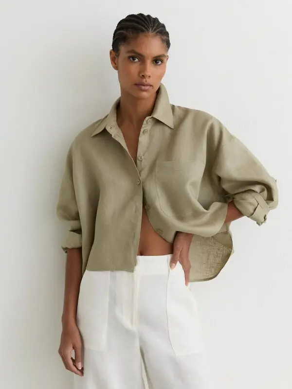REISS Solena Oversized Linen Shirt - Green