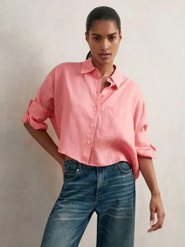 REISS Solena Oversized Linen Shirt - Pink