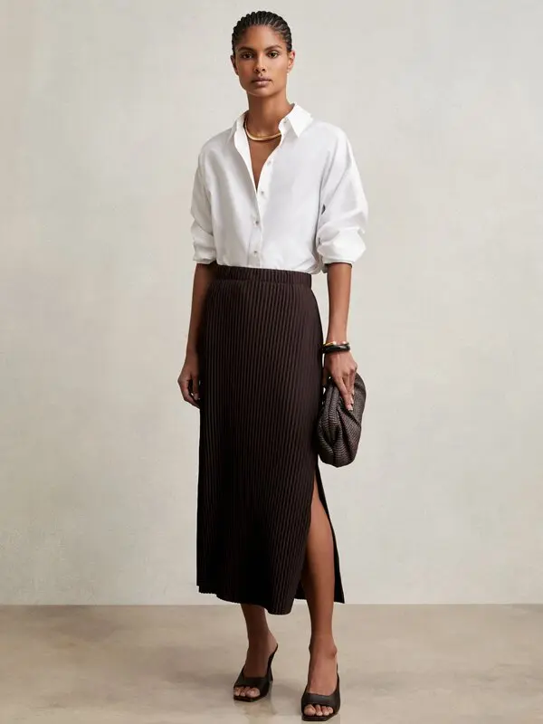 REISS Pippa Pleated Jersey Midi Skirt - Burgundy