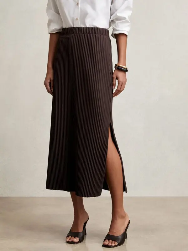 REISS Pippa Pleated Jersey Midi Skirt - Burgundy