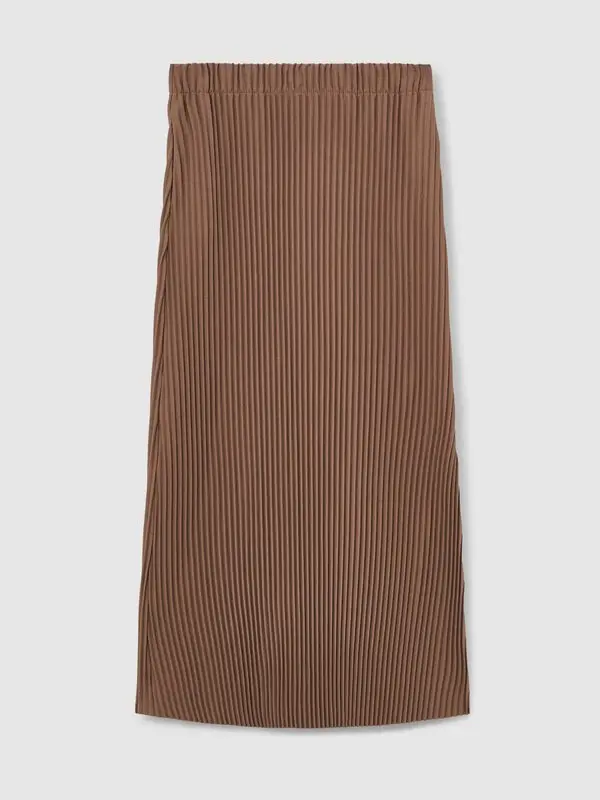 REISS Pippa Pleated Jersey Midi Skirt - Chocolate
