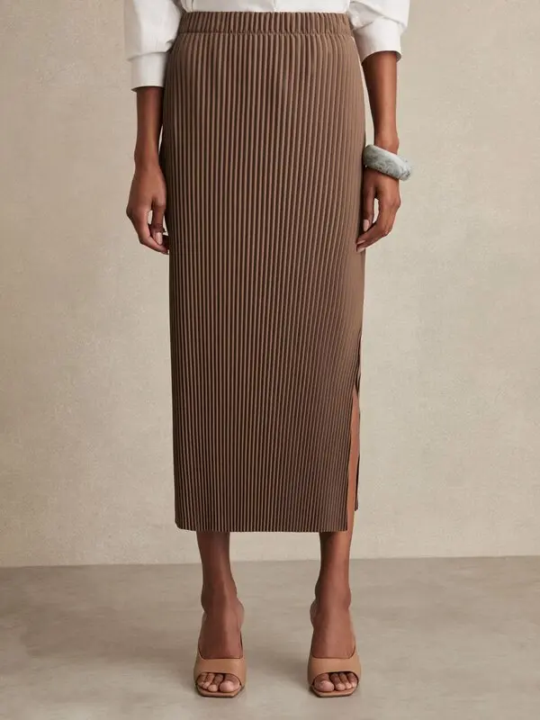REISS Pippa Pleated Jersey Midi Skirt - Chocolate