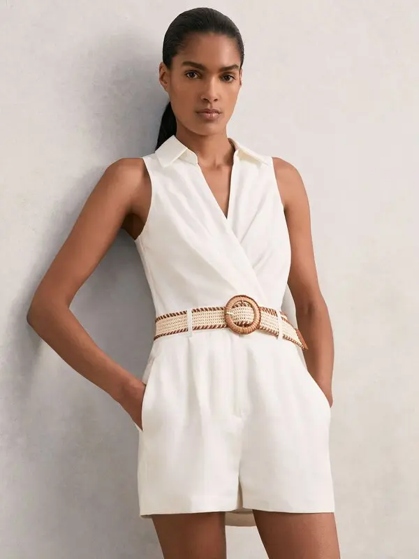 Reiss Mila Linen Belted Sleeveless Wrap Playsuit Cream 31% Off