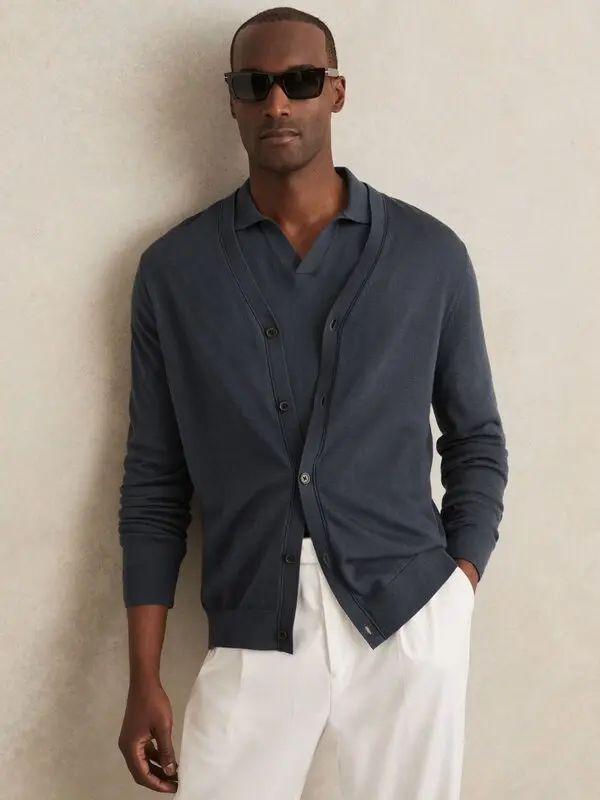 REISS Wool Button-through Cardigan - Midnight Navy