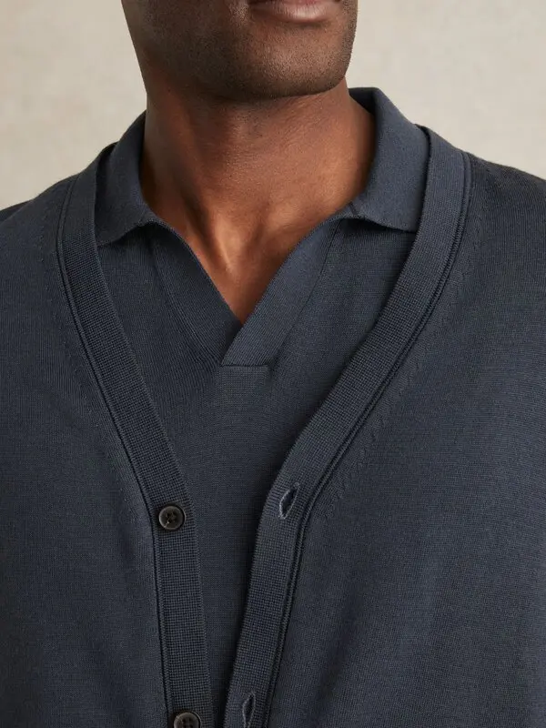 REISS Wool Button-through Cardigan - Midnight Navy