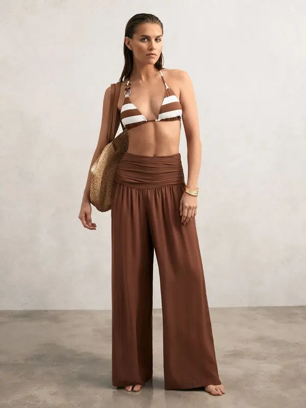 REISS Bridgette Stripe Halterneck Triangle Bikini Top - Navy/brown