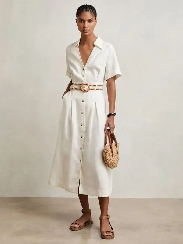 Reiss Belted Linen Dress In Ivory - 32% Off | Editorialist