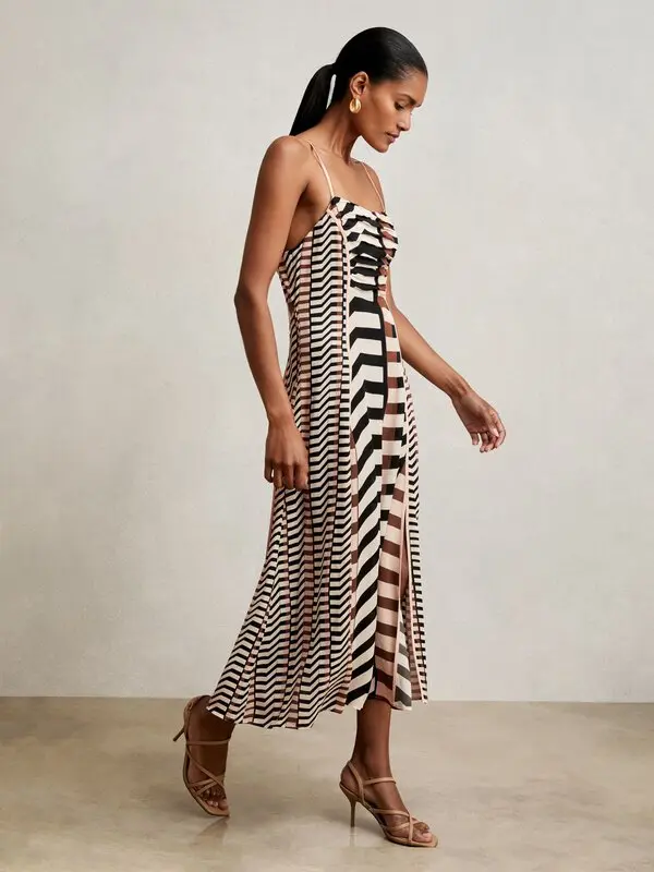 REISS Georgie Chevron-stripe Ruched Midi Dress