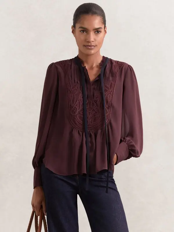 REISS Sara Lace-embroidered Tie-neck Shirt