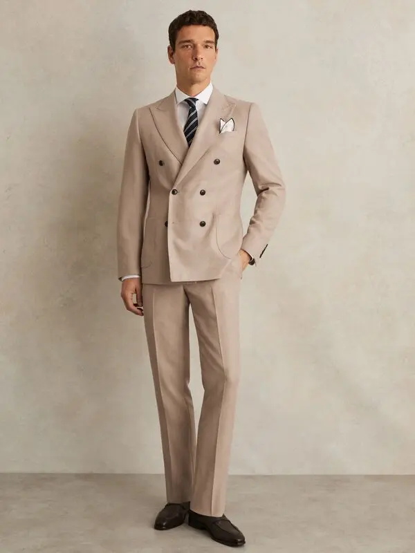 REISS Venus Slim-fit Wool-blend Double-breasted Suit Blazer - Oatmeal Brown