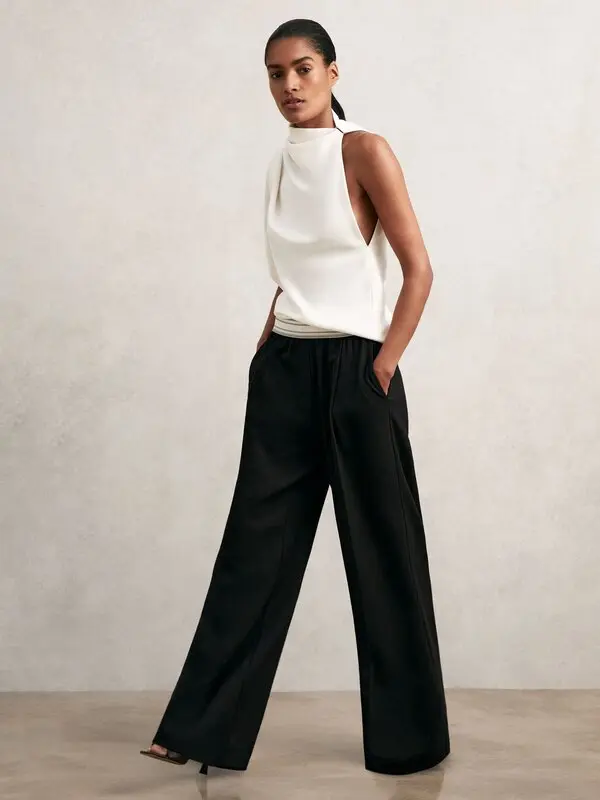 REISS Wide-leg Trousers With Contrast Waistband - Black