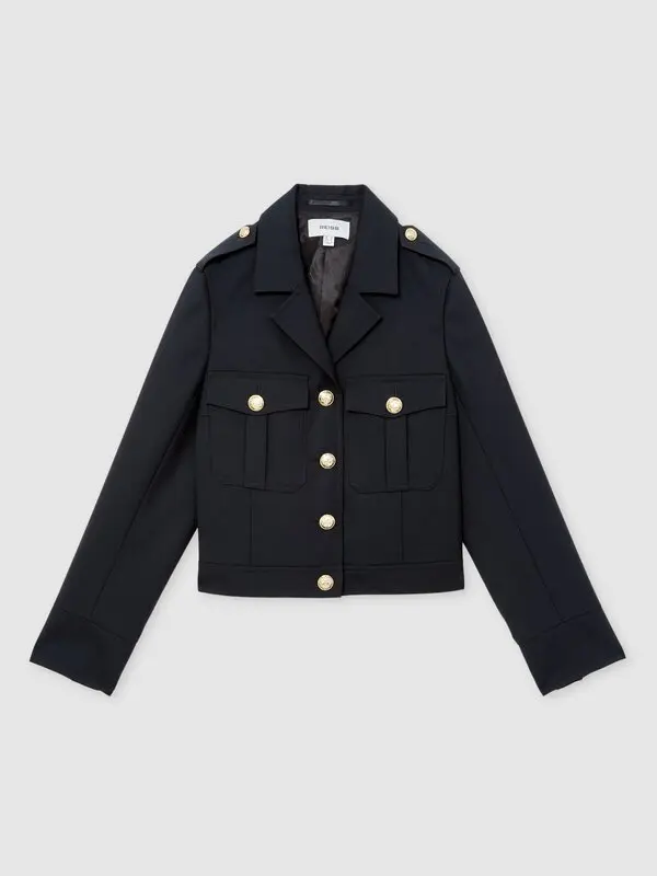 REISS Wool Twill Cropped Jacket - Black