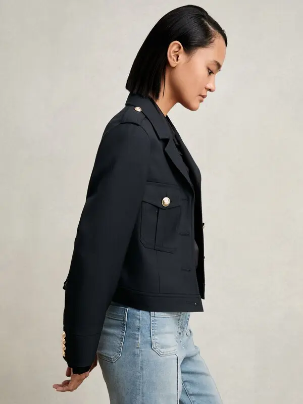 REISS Wool Twill Cropped Jacket - Black