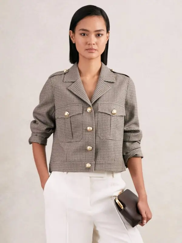 REISS Wool Twill Cropped Jacket - Neutral Check