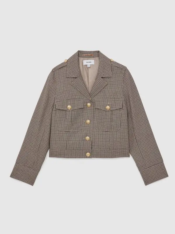 REISS Wool Twill Cropped Jacket - Neutral Check
