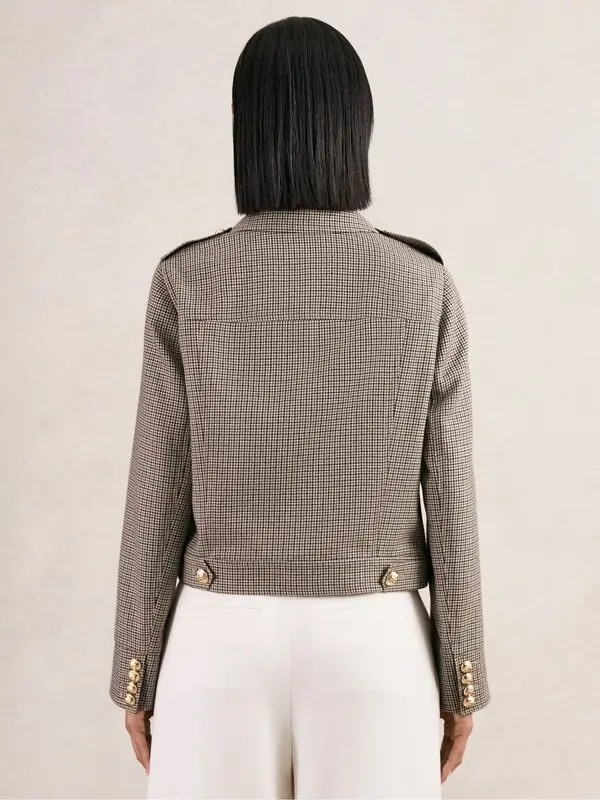 REISS Wool Twill Cropped Jacket - Neutral Check