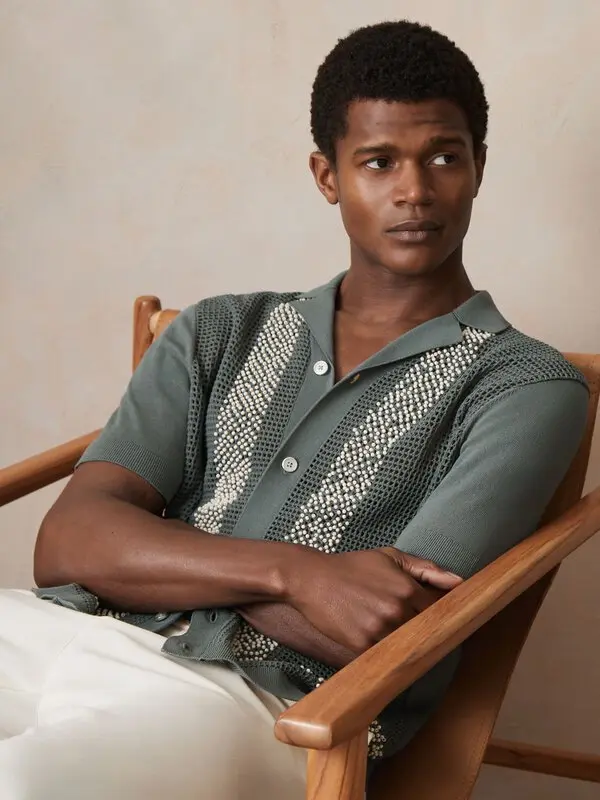 REISS Accra | Ché Beaded Crochet Shirt - Sage