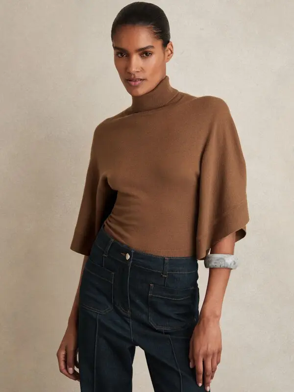 REISS Hadley Wool Batwing Roll-neck Jumper - Tan