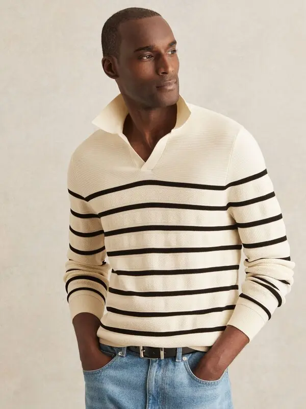 REISS Ingram Cotton Blend Stripe Knit Polo Shirt