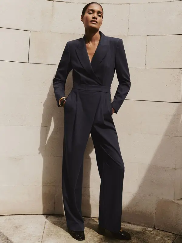 REISS Rhoda Pinstripe Tailored Wide-leg Jumpsuit - Navy