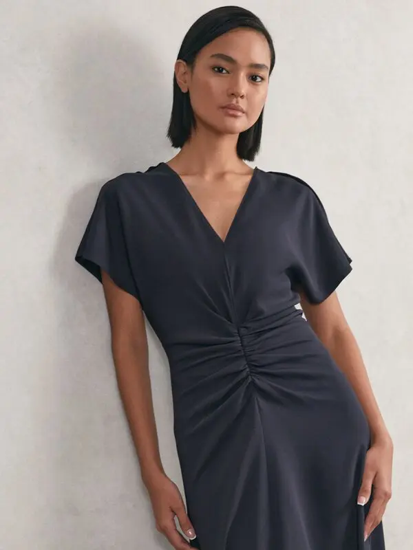 REISS Rowe Ruched-front Midi Dress - Navy