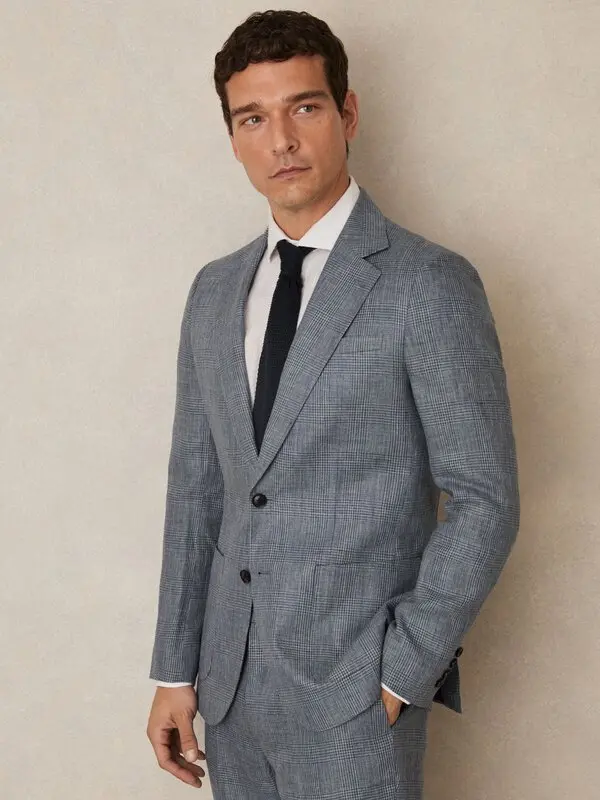 REISS Reef Slim Fit Single Breasted Linen Check Suit Blazer