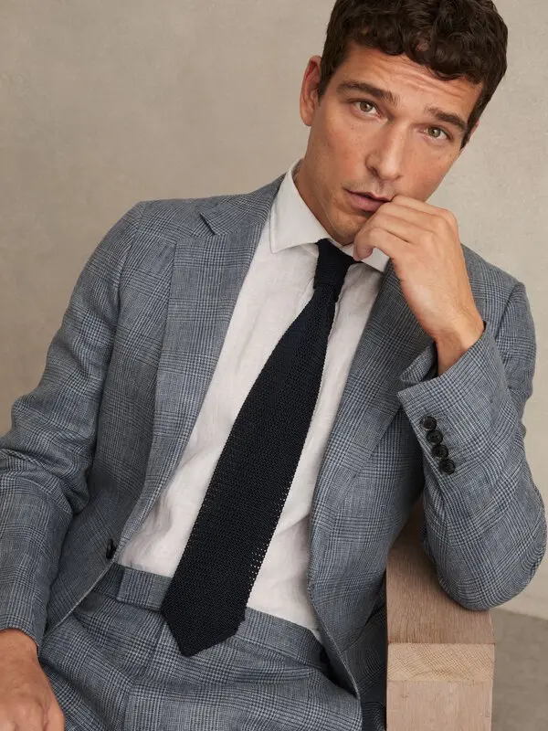 REISS Reef Slim Fit Single Breasted Linen Check Suit Blazer