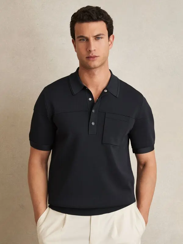 REISS Blinker Press-stud Seam-detail Polo Shirt - Navy