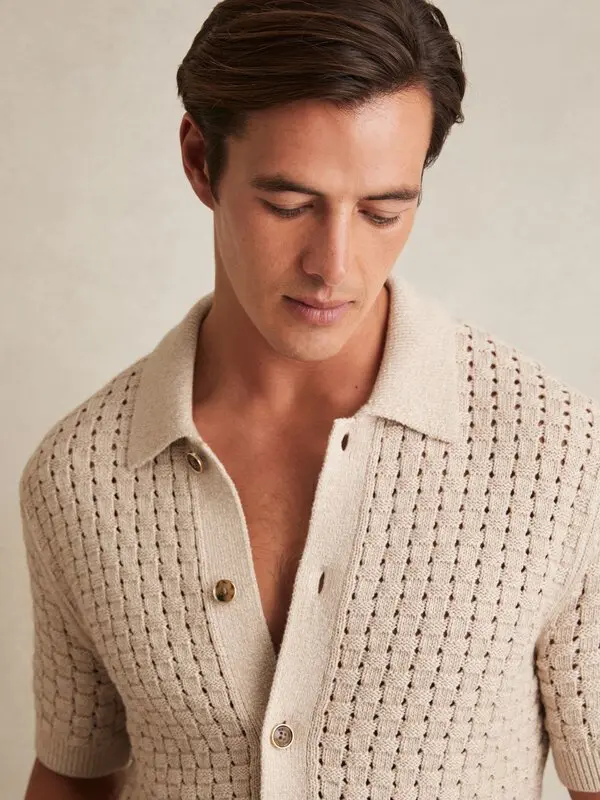 REISS Toby Basketweave Knit Button Through Cotton Blend Shirt