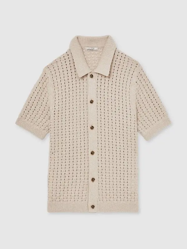 REISS Toby Basketweave Knit Button Through Cotton Blend Shirt
