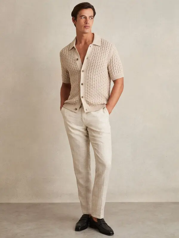 REISS Toby Basketweave Knit Button Through Cotton Blend Shirt