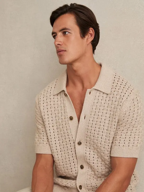 REISS Toby Basketweave Knit Button Through Cotton Blend Shirt