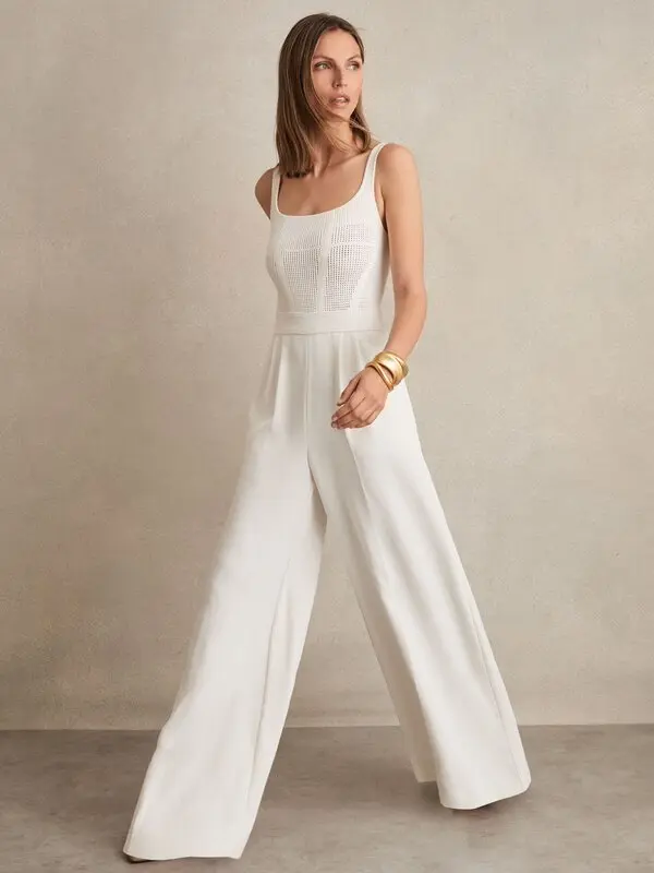 REISS Perforated-knit Wide-leg Jumpsuit - Ivory