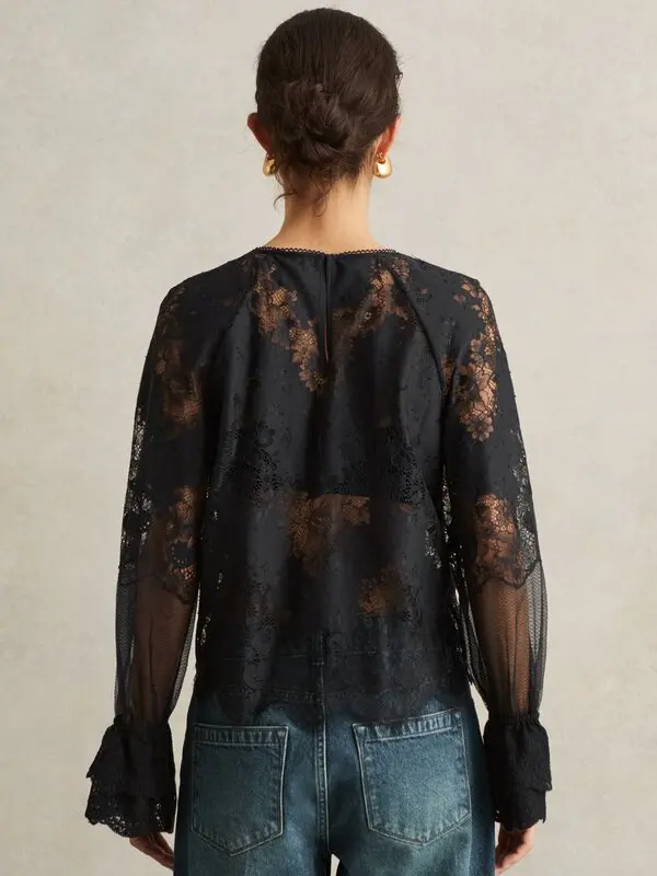 REISS Emilia Lace Flared-cuff Blouse