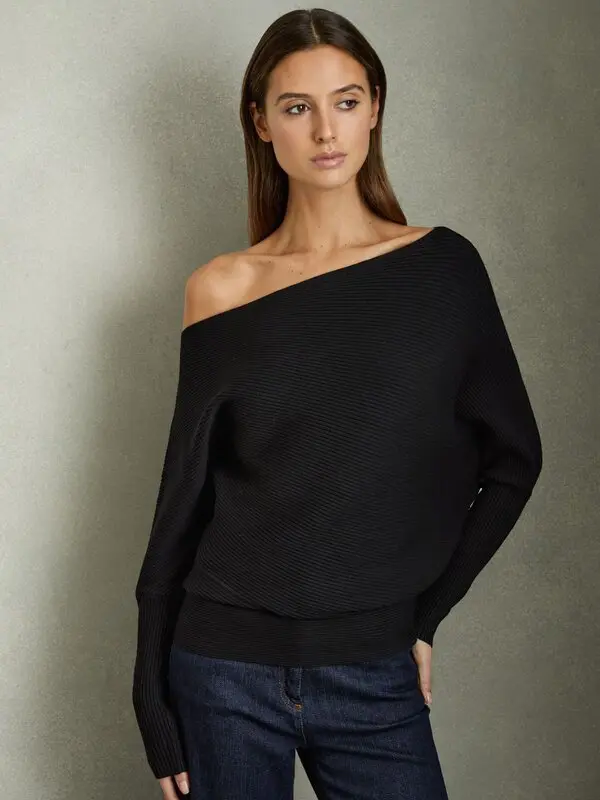 REISS Lorna Asymmetric Draped Knitted Jumper - Black