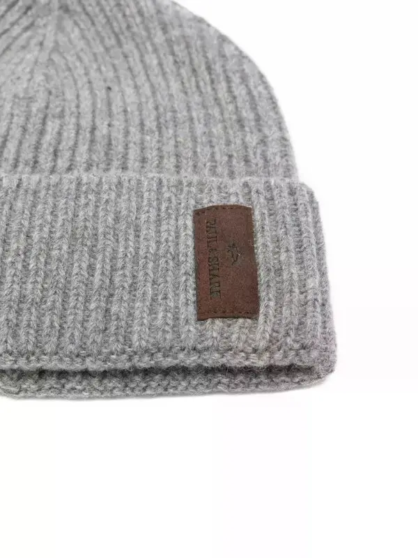 Paul & Shark Ribbed Leather-patch Beanie - Grey