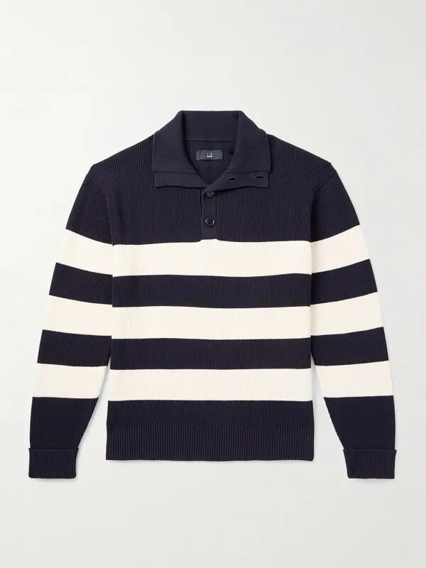 Dunhill Striped Ribbed Cotton Half-placket Sweater - Blue