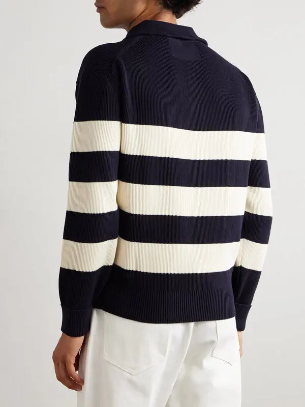 Dunhill Striped Ribbed Cotton Half-placket Sweater - Blue