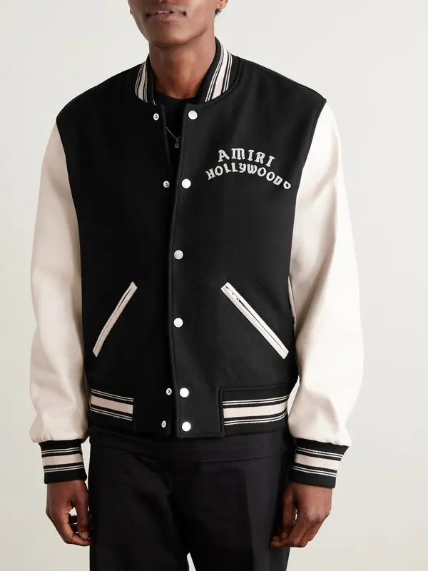 Amiri Logo-embroidered Leather And Wool-blend Varsity Jacket - Black