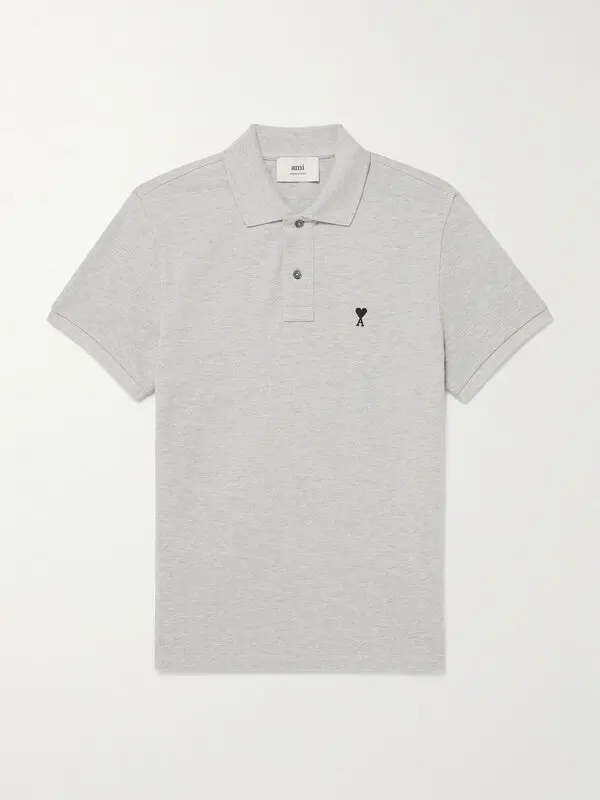 AMI Paris Logo-embroidered Organic Cotton-piqué Polo Shirt - Gray