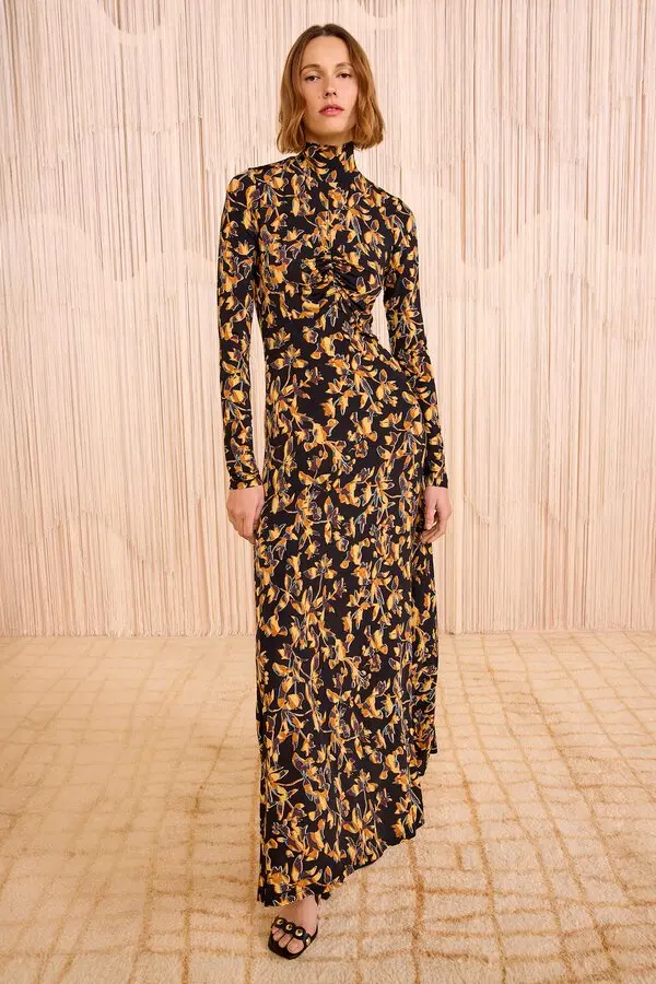 Ulla Johnson Koa Jersey Ruched Front Turtleneck Maxi Dress - Solaris