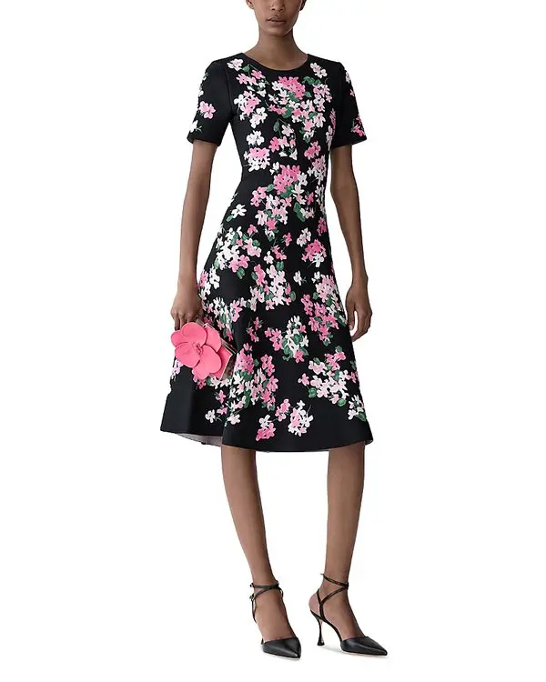 Buy Carolina Herrera Short Sleeve Fit And Flare Dress - Black Multi At 60%  Off | Editorialist